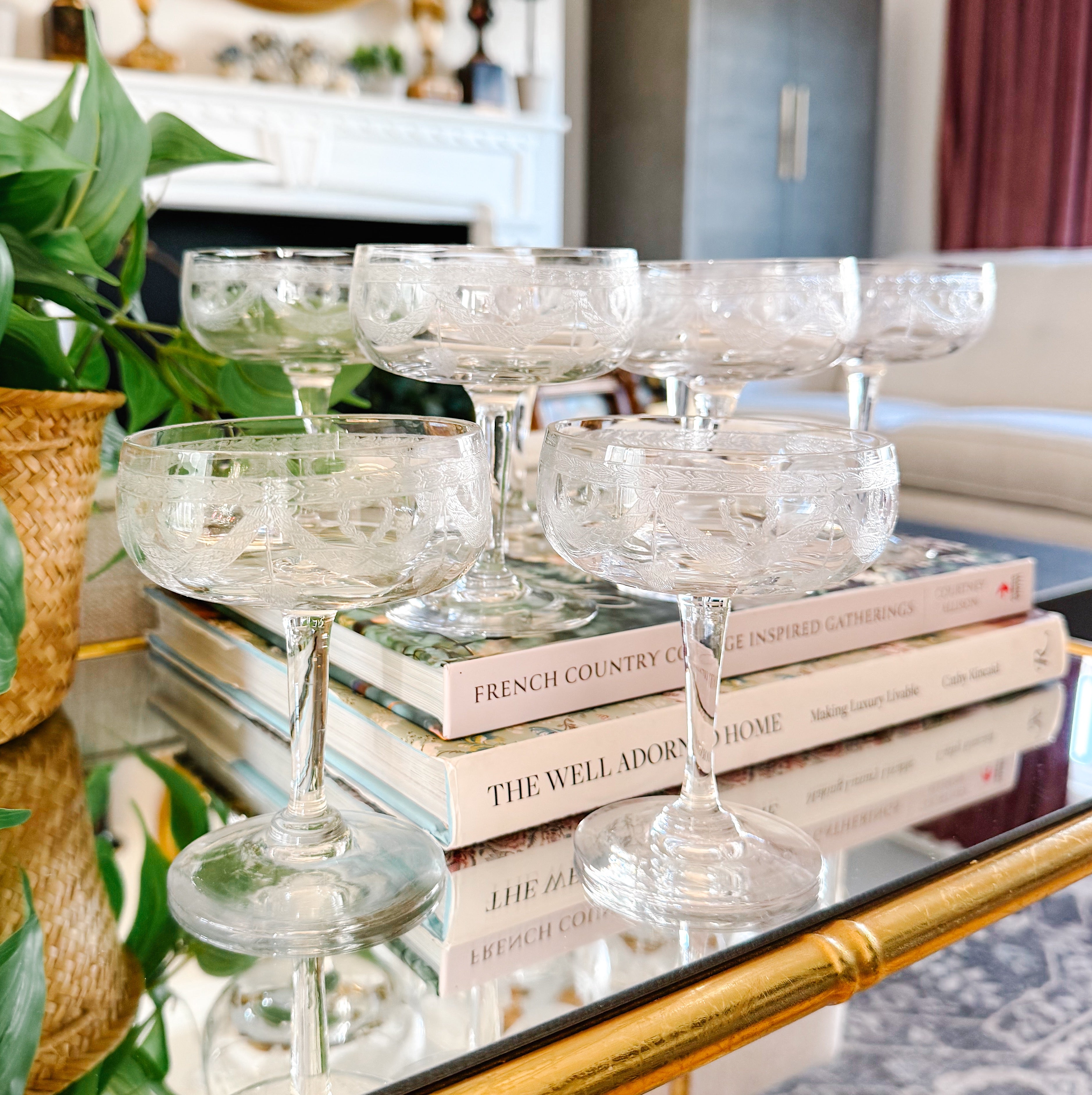 French Antique Laurel & Swag Crystal Guilloché Champagne Coupes, Set o ...