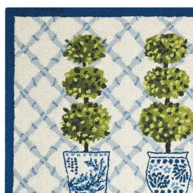 Blue & White Topiary Collection Wool Hooked Rug – House of Andaloo